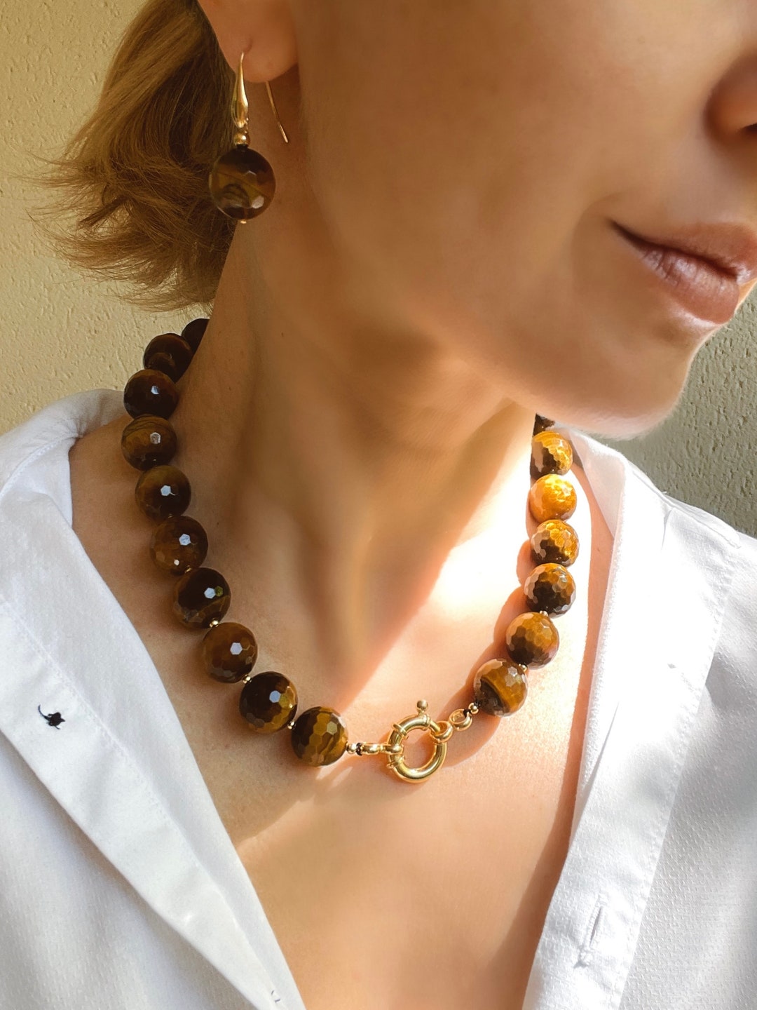 Chunky Tigers Eye Beaded Necklace: Gold Plated Silver, Handmade in ...