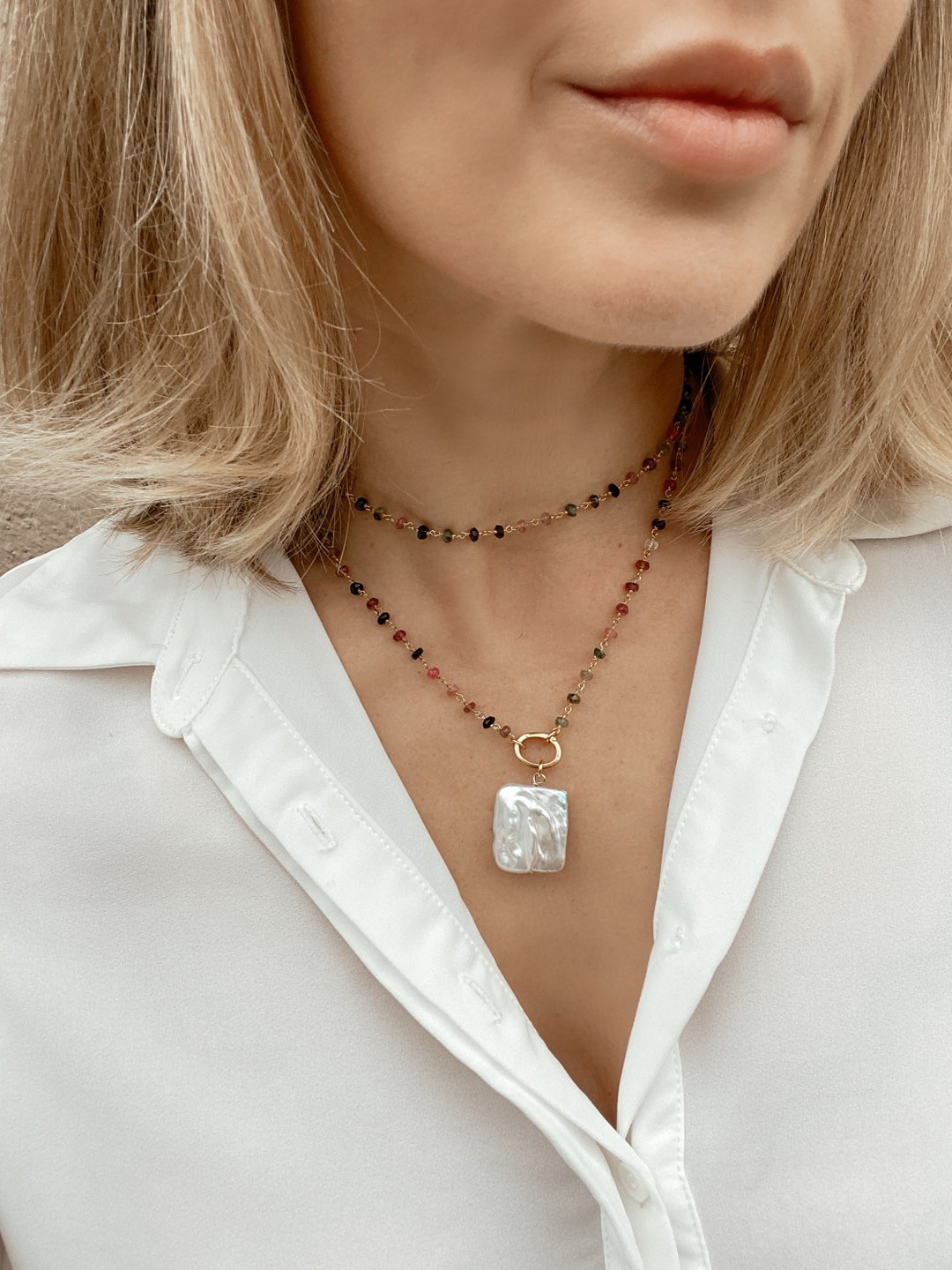 Long Tourmaline Rosary Chain With Square Baroque Pearl Pendant, Gold ...