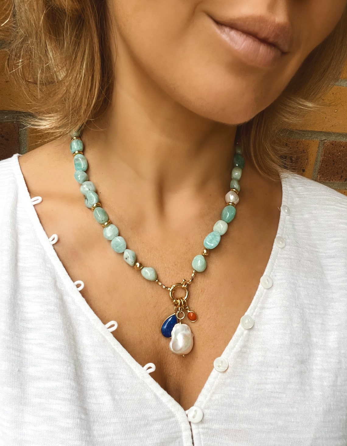 Amazonite Necklace Amazonite and Pearl Necklace With - Etsy