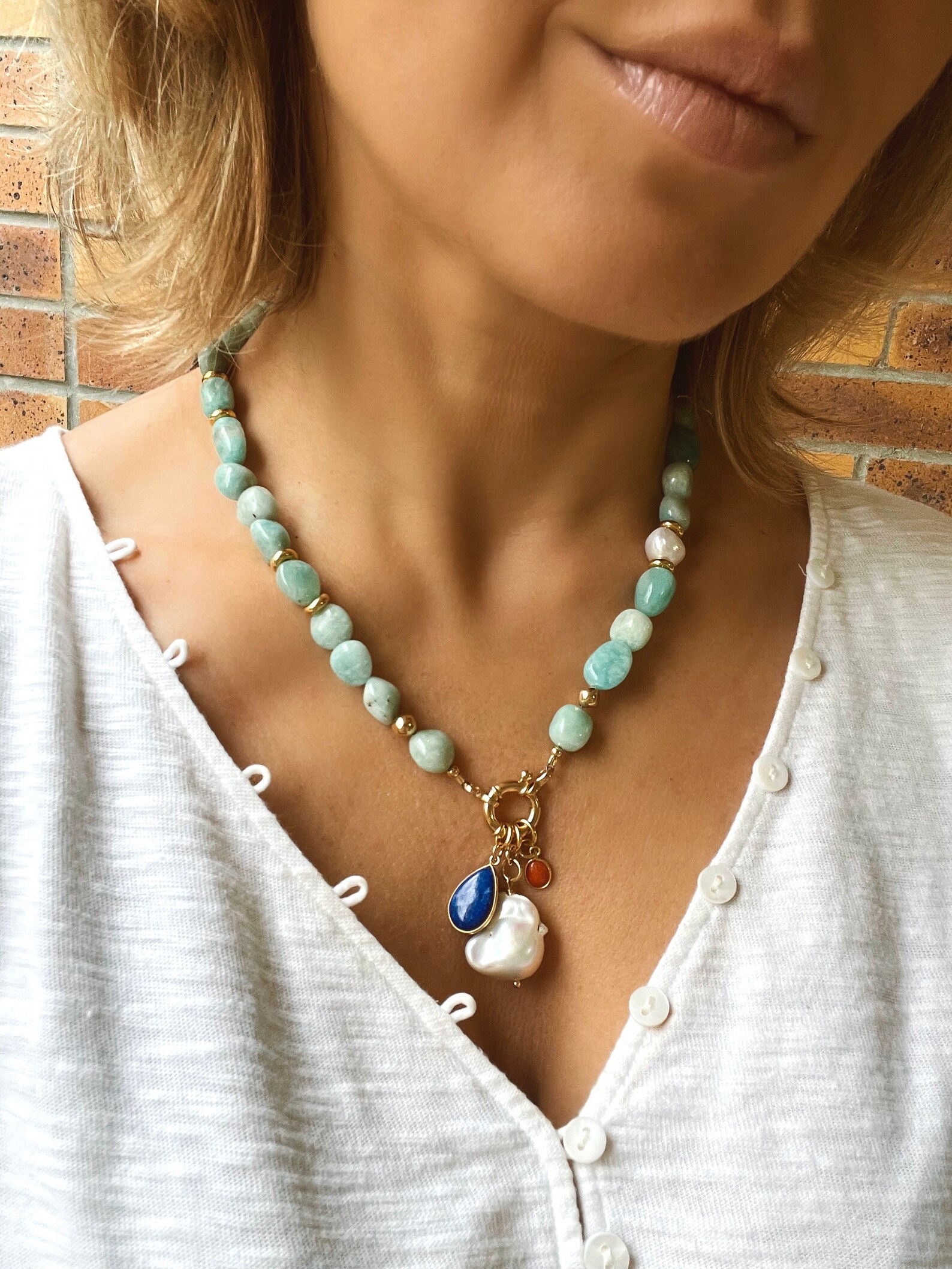 Amazonite Necklace Amazonite and Pearl Necklace With - Etsy