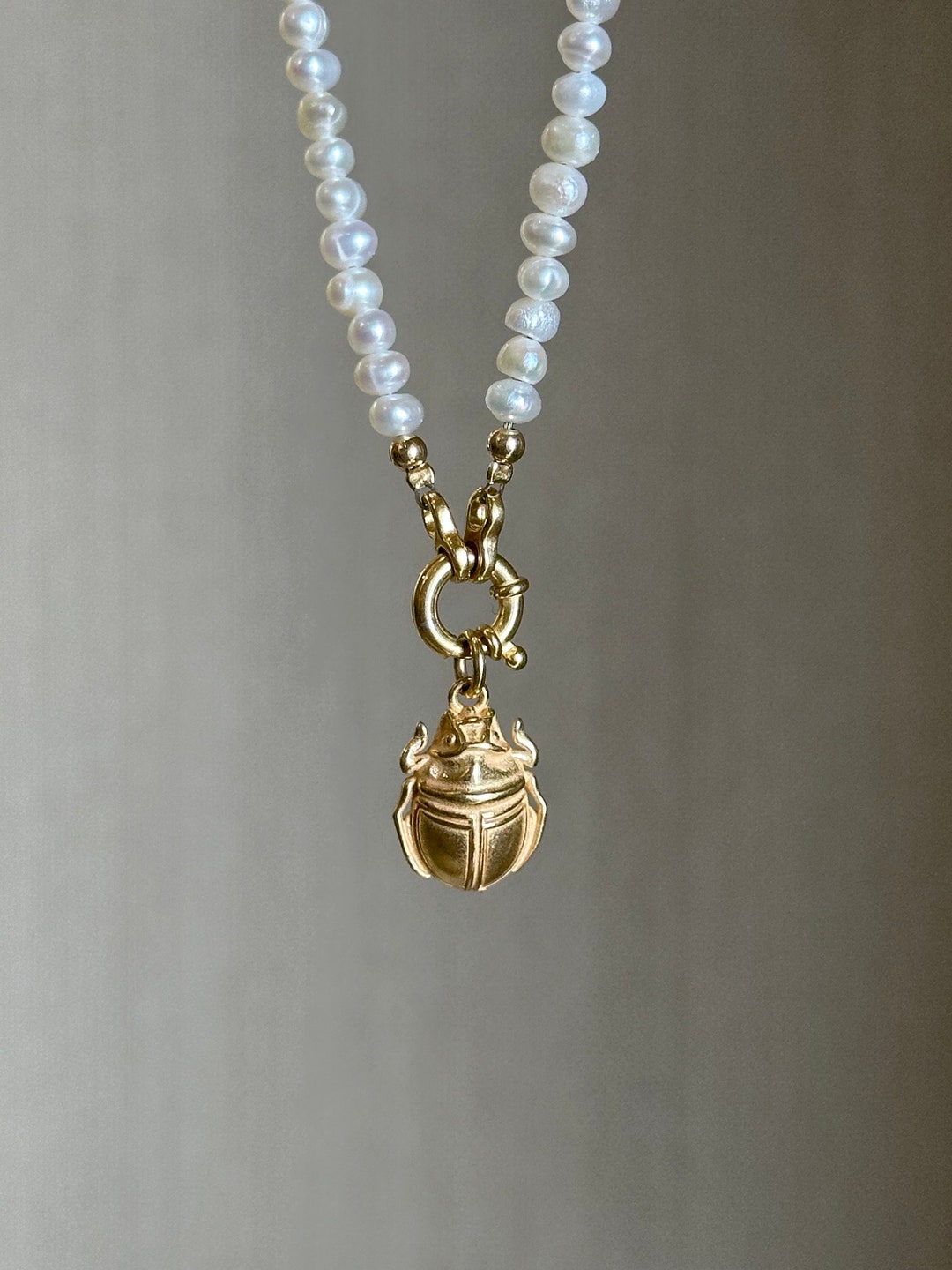 Scarab Pendant Necklace: Gold Vermeil, Freshwater Pearl Layering ...