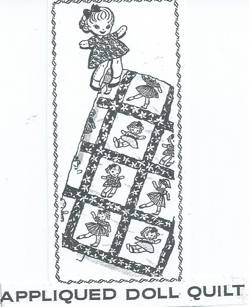 Child Quilt Pattern Applique and Embroidery Cute Dolls Quilt Size 54 X ...