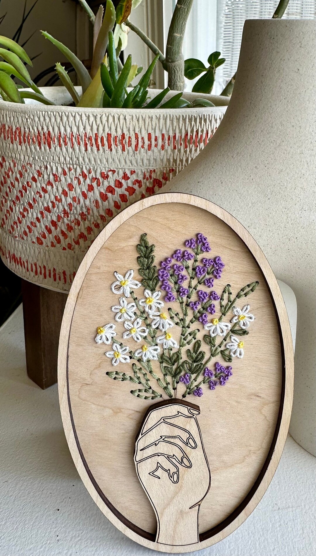 Embroidered Floral Sign, Hand Holding Flowers Art, Wooden Embroidery - Etsy