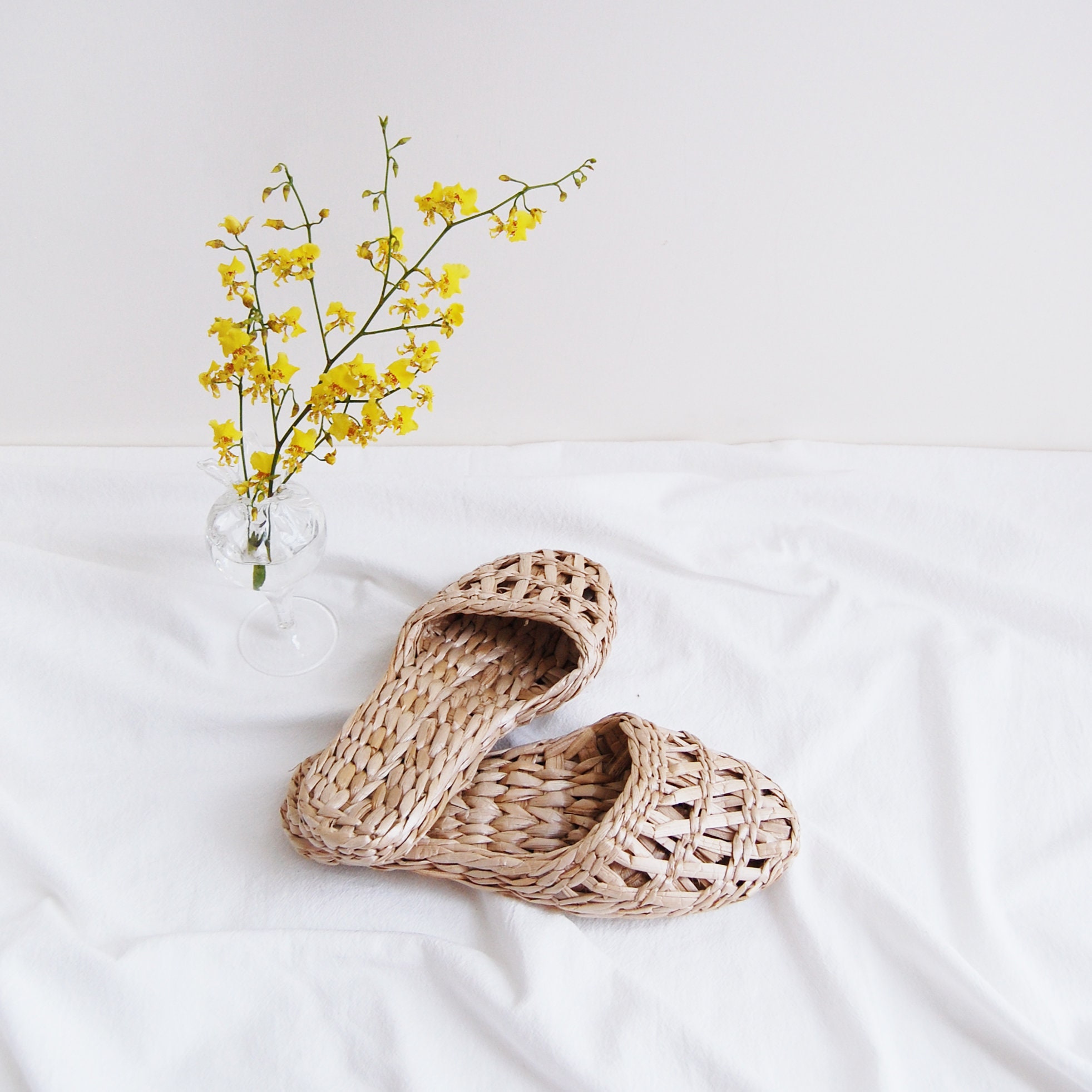 Yellow Cypripedium Slippers | Vintage | Handmade Rush Woven Slip Ons - Etsy