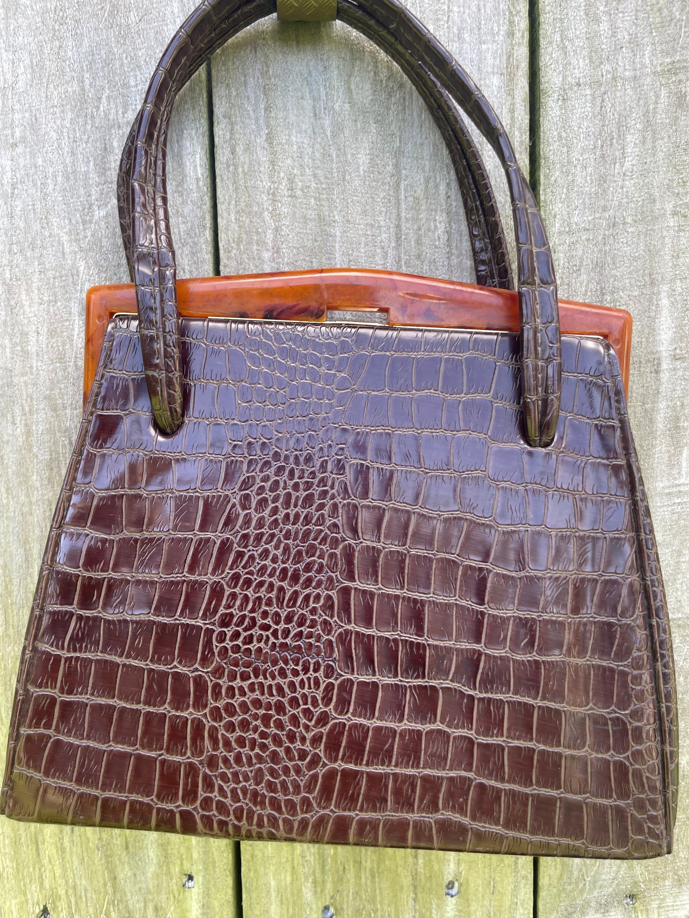 Vintage 1960s Brown Faux Croc Purse With Lucite Top - Etsy
