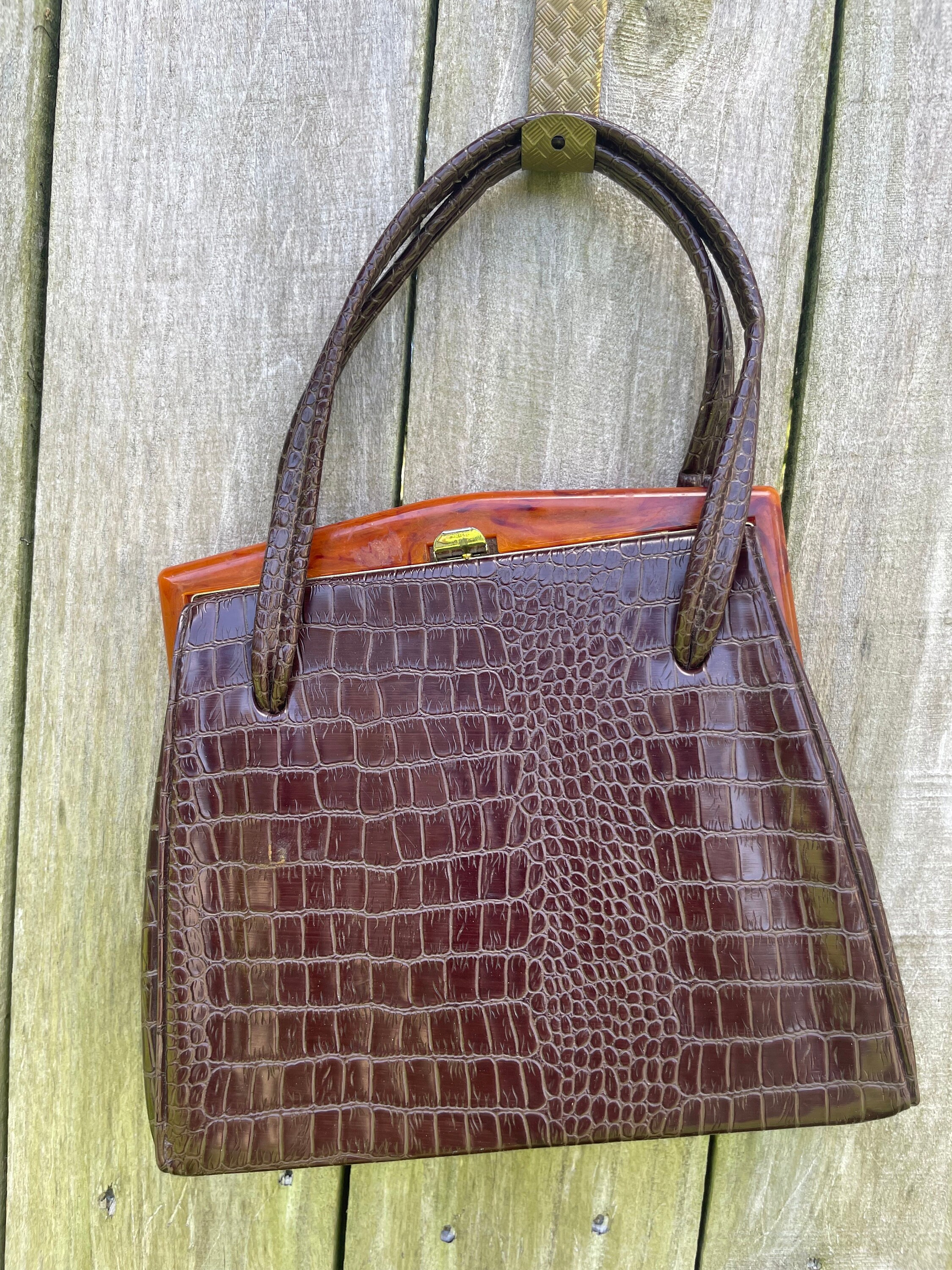 Vintage 1960s Brown Faux Croc Purse With Lucite Top - Etsy