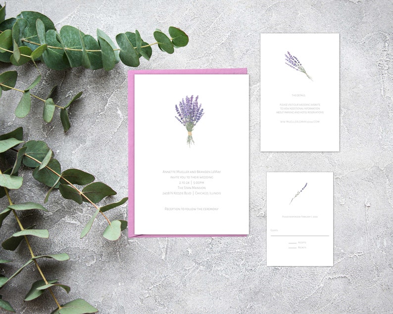 Lavender Wedding Invitation Suite, Printed Wedding Invitation Set ...