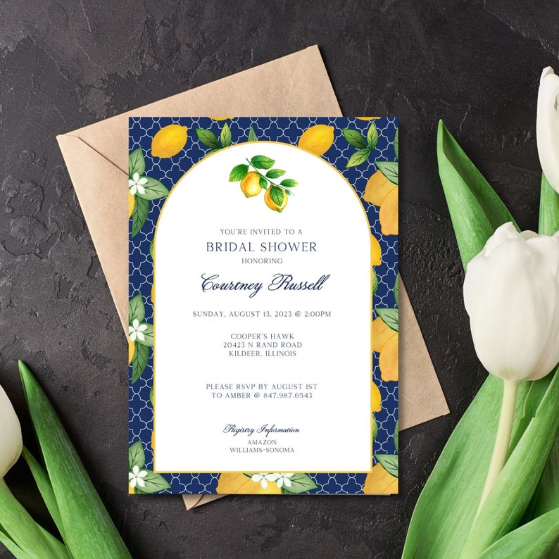 Fun Lemon Theme Bridal Shower Invitation Download, Blue and Yellow ...