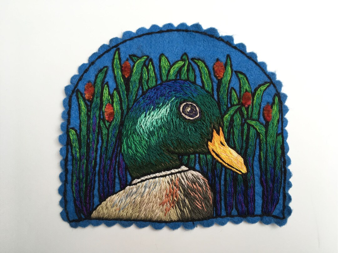Handmade Mallard Duck Cat-tail Patch, Embroidered Sew-on Appliqué, Boho ...