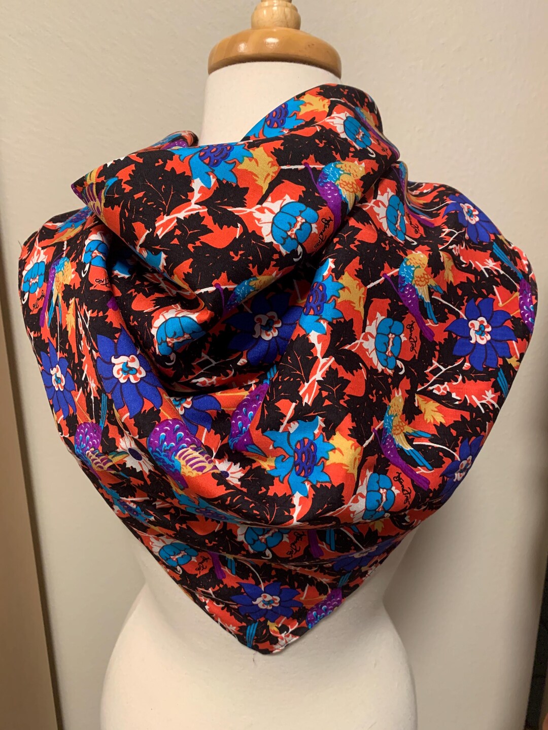 Large 35" X 36" Vintage Diane Fres Original SILK Scarf- Bird & Floral ...