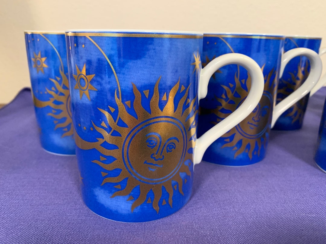Set (4) Vintage NM Blue & Gold Sun, Moon and Star MUGS- Like New (8 Oz ...