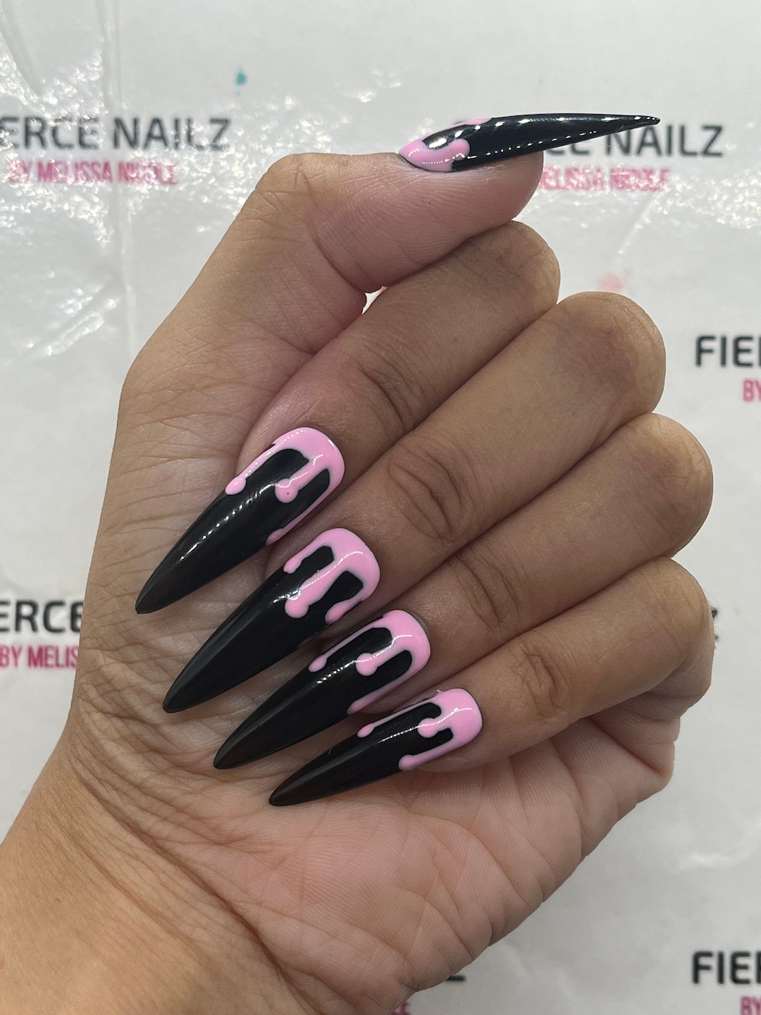 Pink Drip Stiletto Press on Nails: Black Gel Drippy Nail Set - Etsy