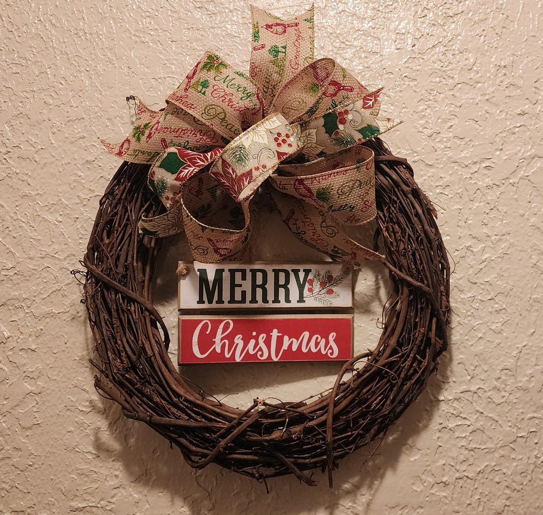 Merry Christmas Wreath - Grapevine - Ribbon - Etsy