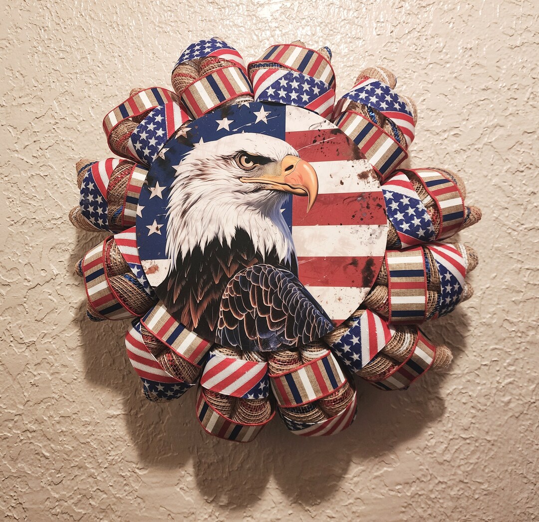 Patriotic Eagle & Flag Wreath Deco Mesh and Ribbon Handmade - Etsy