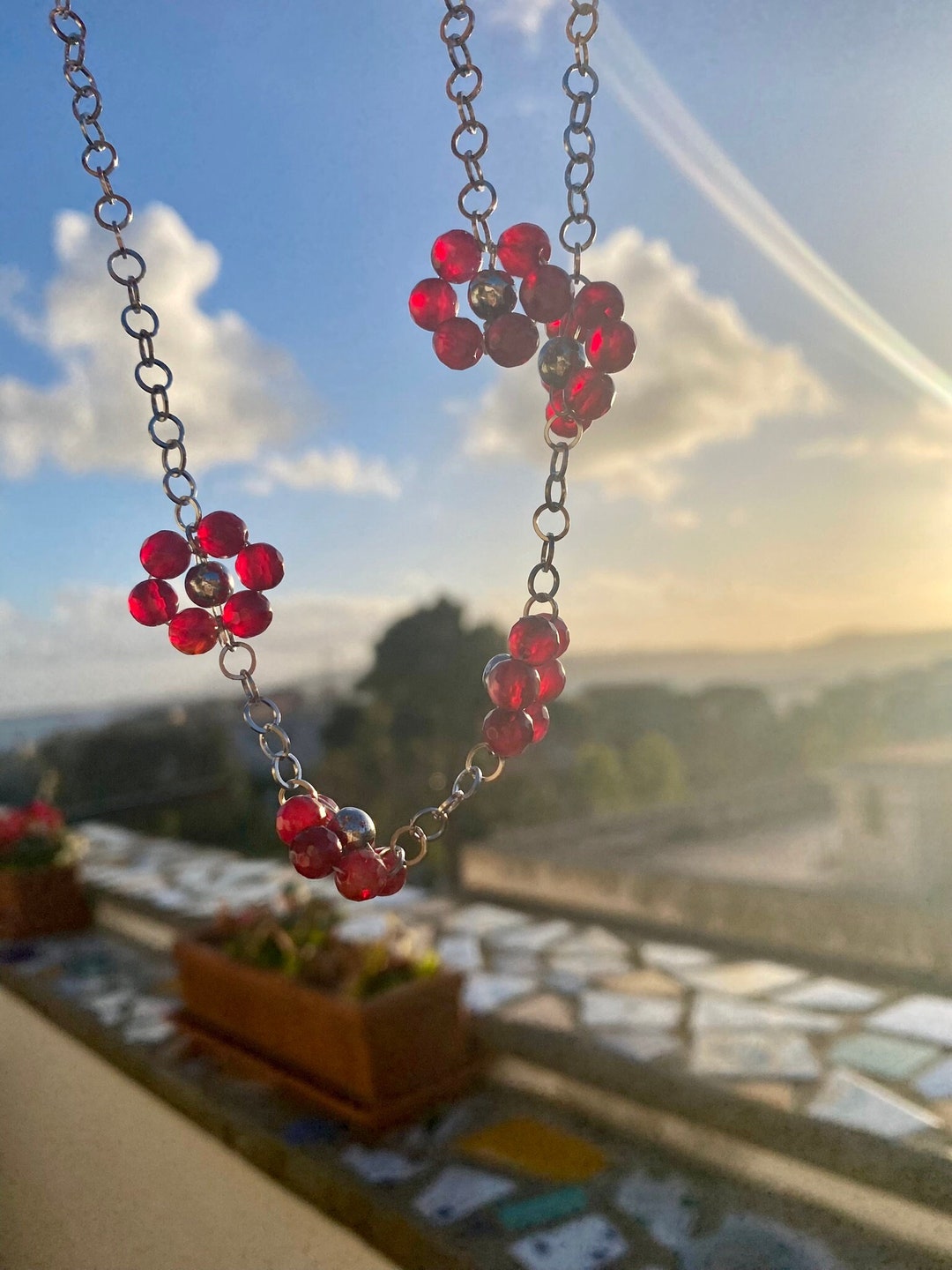 Necklace for Spring With Flowers, Ruby Necklace, Flower Power Necklace ...