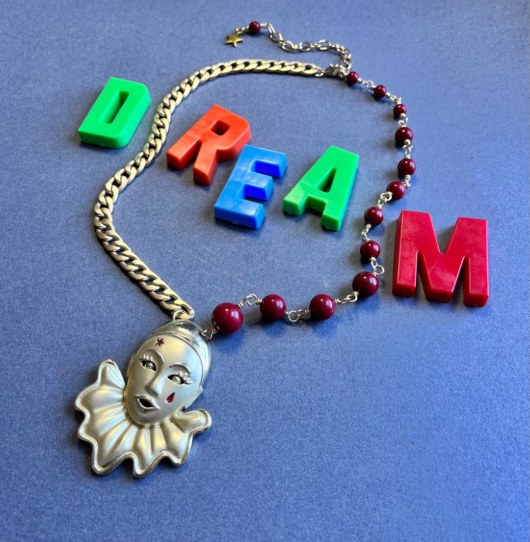Vintage 1980s Circus Clown Pendant Necklace: Upcycled Gold Tone Chain ...