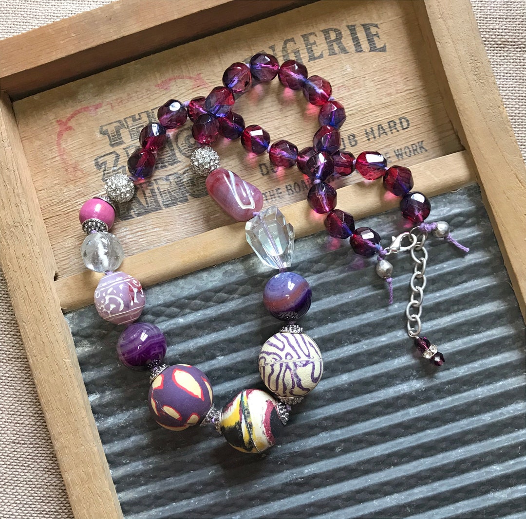 Upcycled Boho Bead Necklace, Rubber Bouncing Balls, Purple Beads, Pink ...