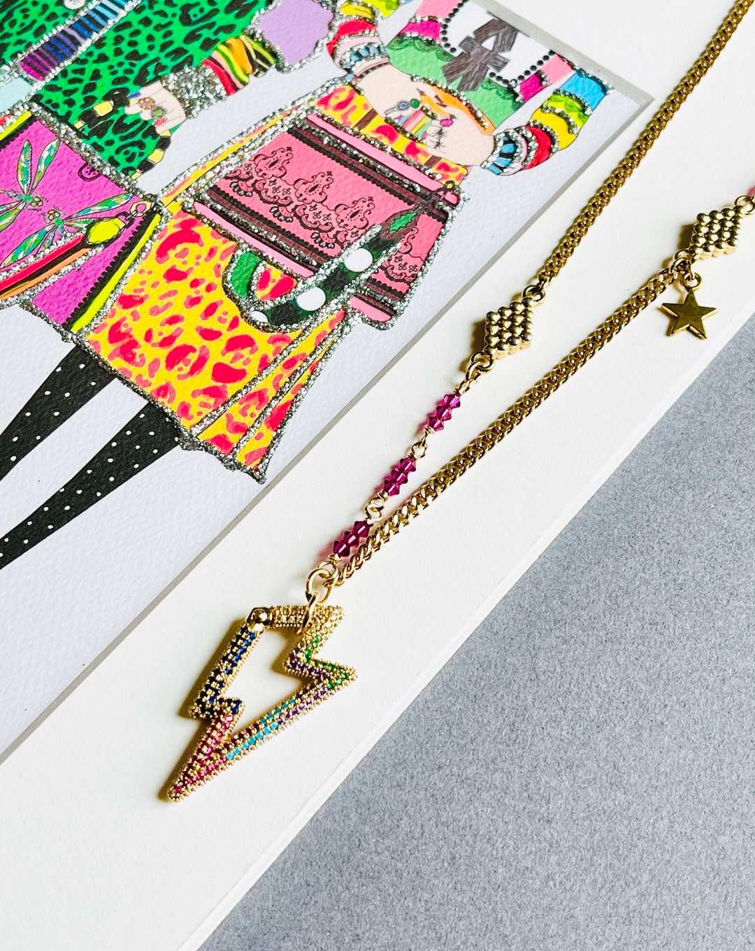 Rainbow Rhinestone Lightning Bolt With Upcycled Vintage Gold Tone ...