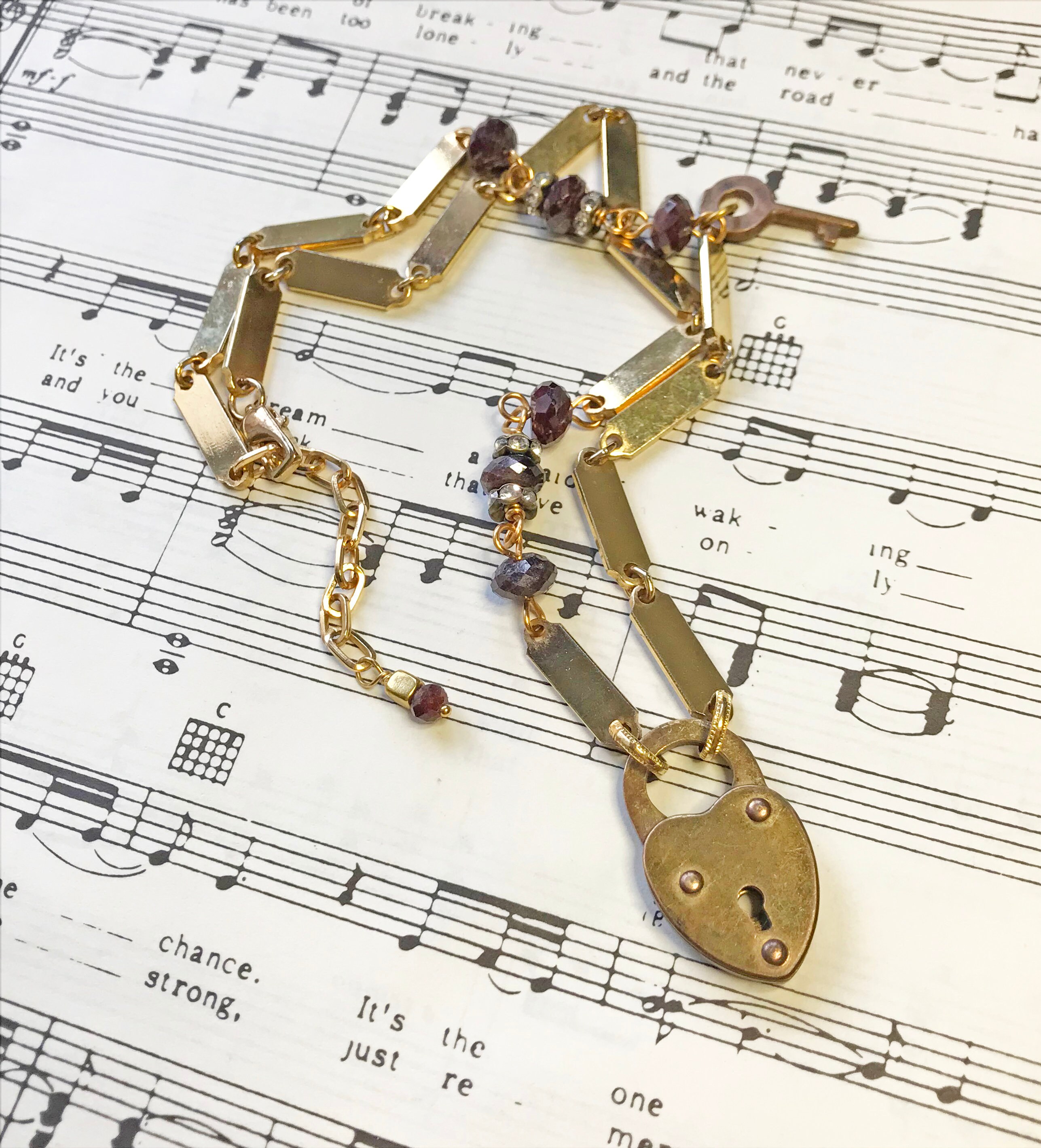 Vintage Brass Mini Heart Padlock, Garnet Beads, Valentine, Lock and Key ...