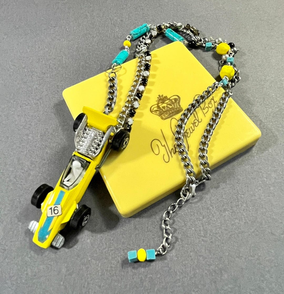 Vintage Toy Car Necklace: Upcycled Racing Car, Rhinestone & Mixed Metal ...