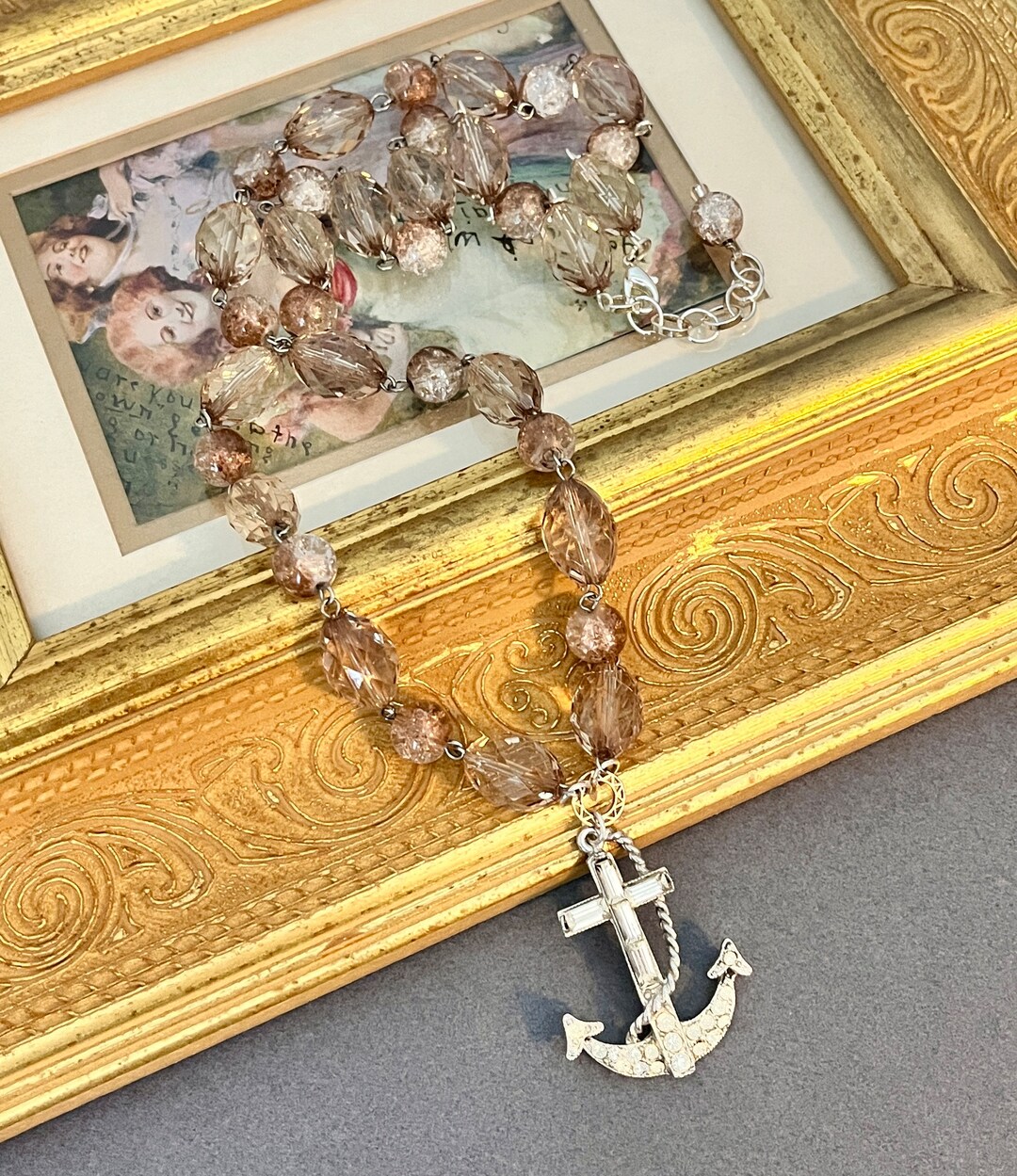 Vintage Rhinestone Anchor Necklace, Neutral Glass Beads, Nautical ...