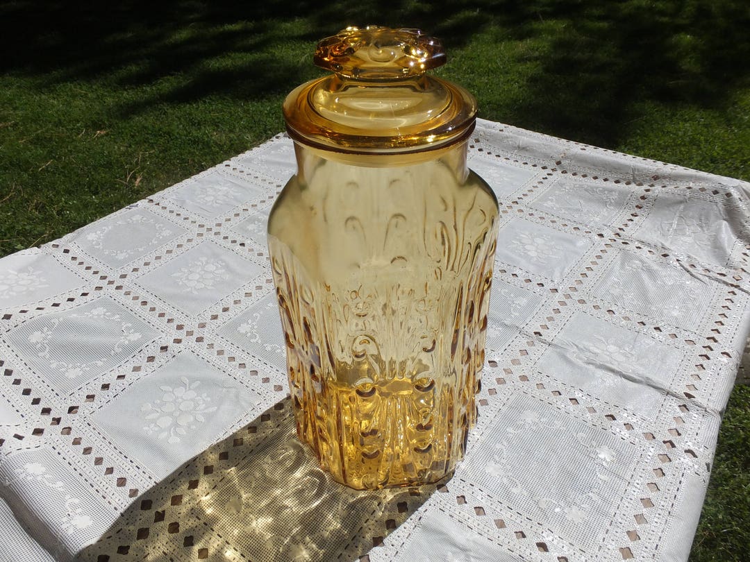 Atterbury Amber Jar, Tall Amber Atterbury Scroll Glass Jar With Lid and ...