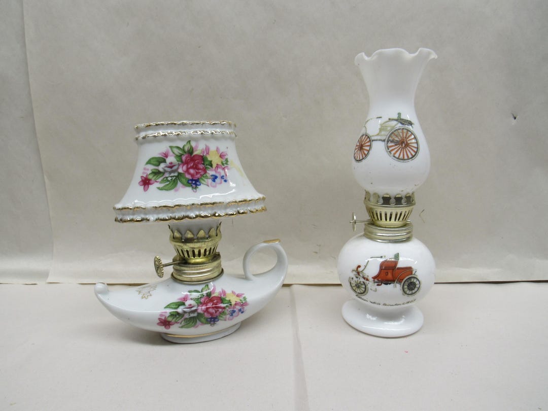 Miniature Oil Lamp, Pair of Miniature White Floral Art Oil Lamps ...