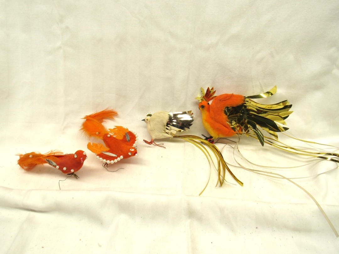 Flocked Bird Assortment, 4 Flocked and Feathered Birds, 3 Orange-1 ...