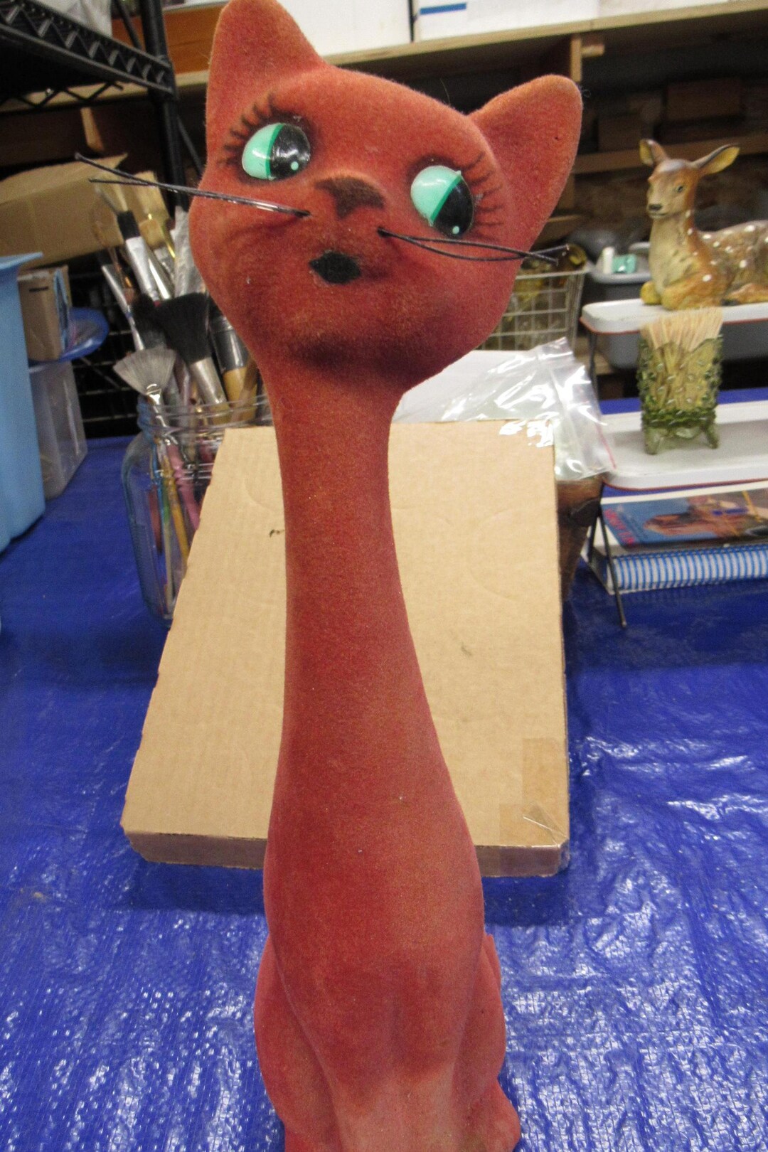 Flocked Tall Cat, MCM Red Flocked 13 Long Neck Cat - Etsy