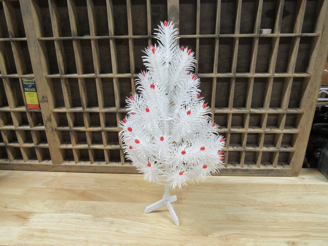 White Christmas Tree, 12 White Plastic Christmas Tree With Red Holly ...