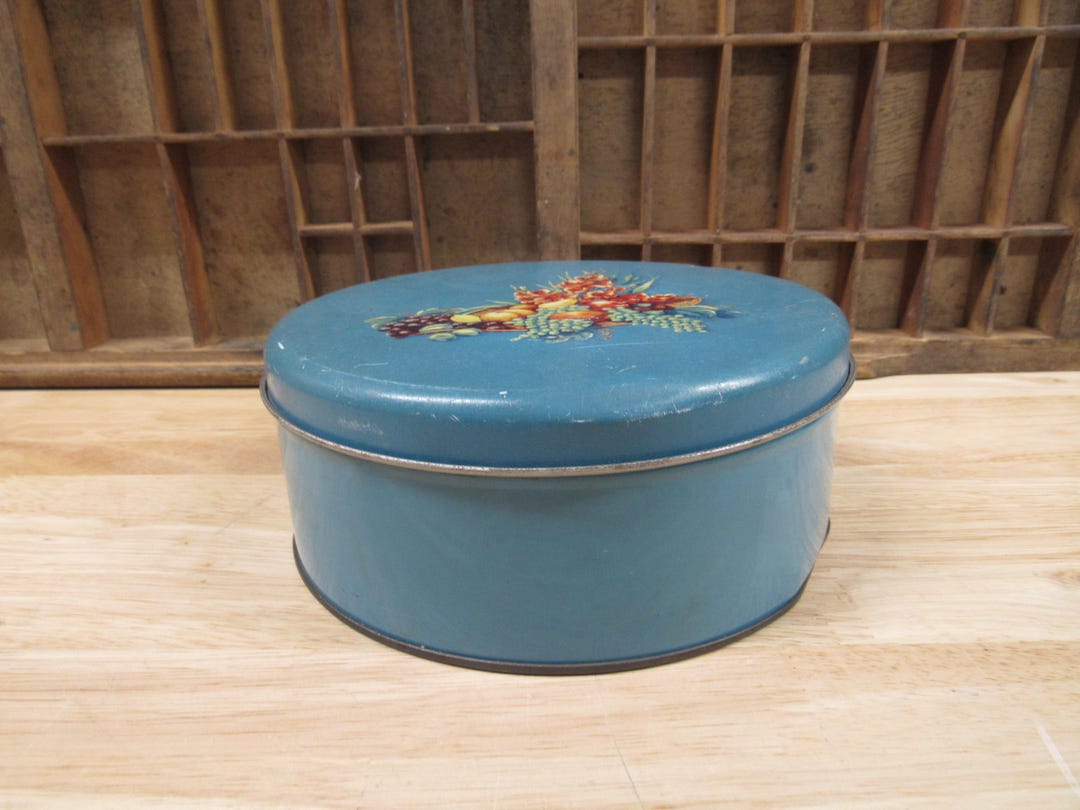 Decorative Storage Tin, Large Round Blue Tin With Sweet Floral Design ...