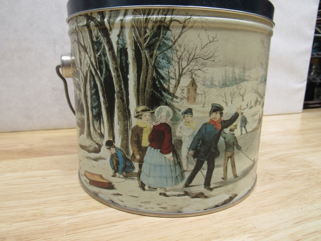 Large Round Tin, Sweet Winter Scene Tin With Handle and Lid - Etsy