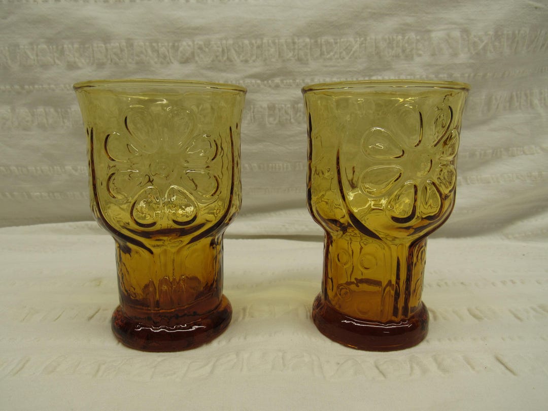 Libbey Juice Glasses, 2 Amber Glass Libbey Country Garden Yellow Daisy ...