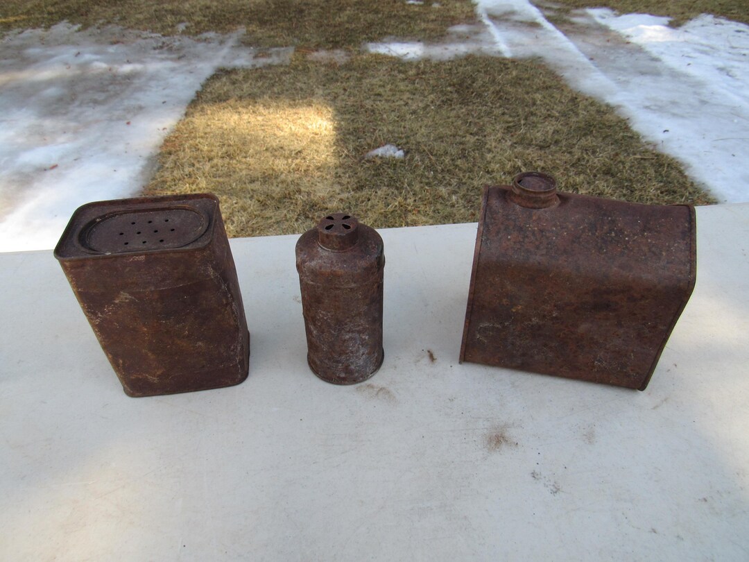 Rusty Cans, 3 Desert Art Cans, Log Cabin, Large Spice Tin, Talcum ...