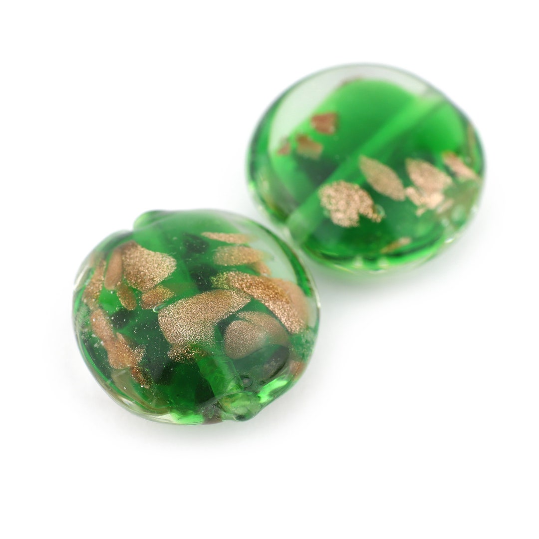 Kelly Green Flat Round Puffed Venetian Glass Foil Beads, Murano Glass ...