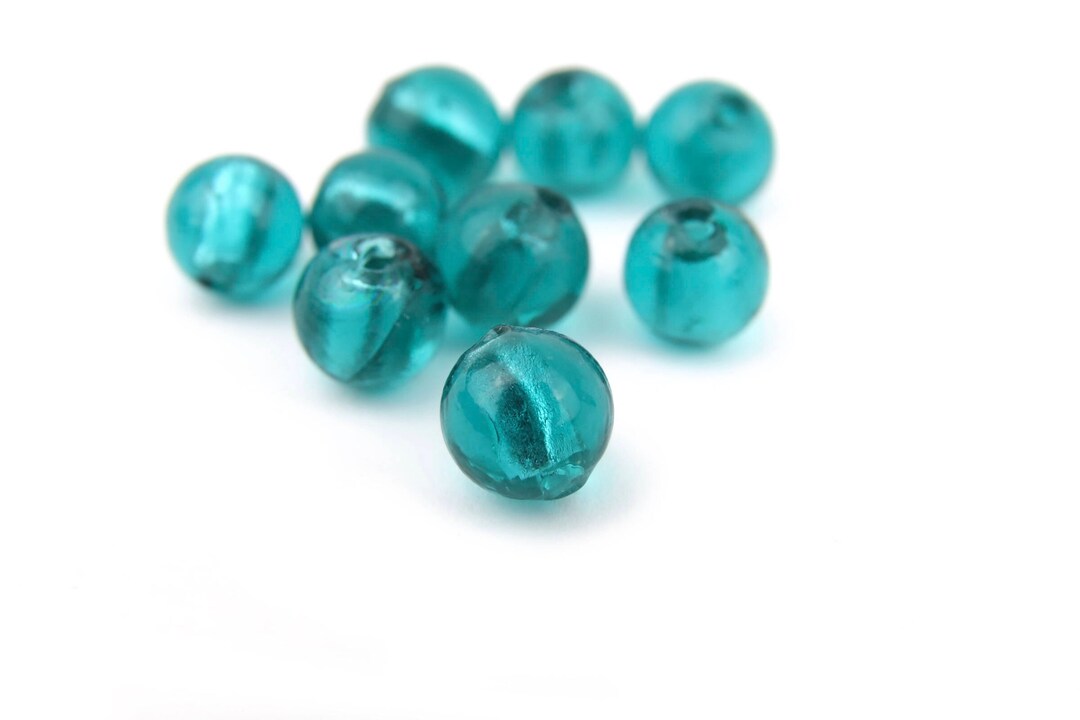 Round Teal Color Venetian Glass Beads, Round Shaped Foil Beads 12mm ...