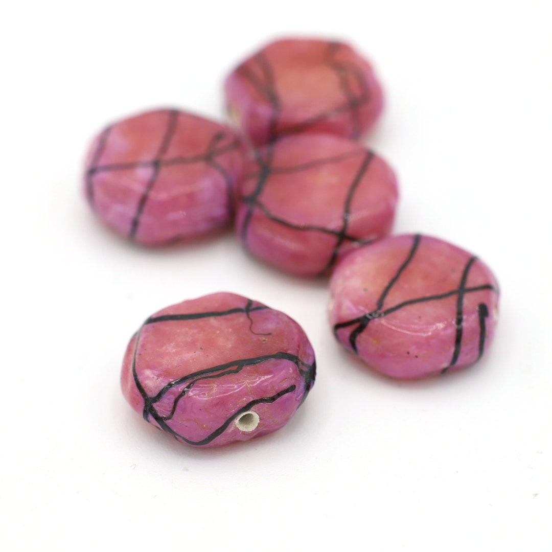 Vintage Round Disc Shaped Beads in a Pink Color With Black 15-17mm 2pcs ...