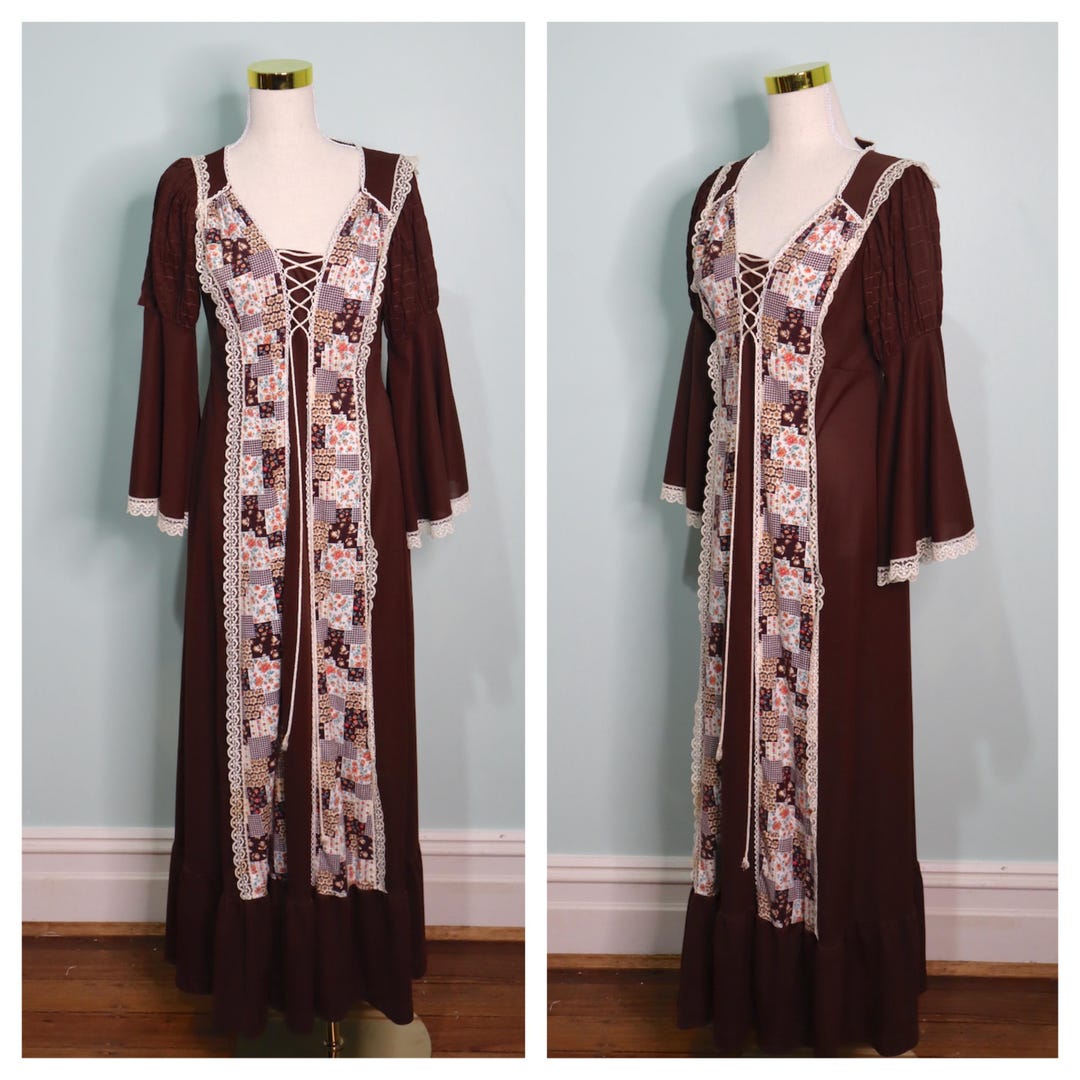 Vintage 1970s Prairie Maxi Dress, 70s 'ARC ' Medieval Renaissance Brown ...