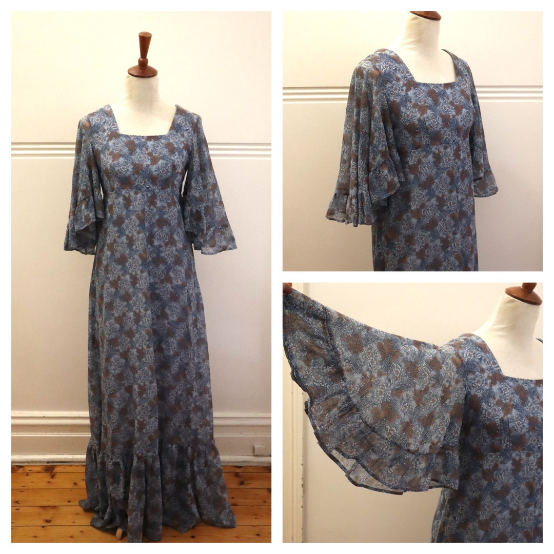 Vintage 1970s Blue Richard Shops Floral Maxi Dress: Angel Sleeve Cotton ...