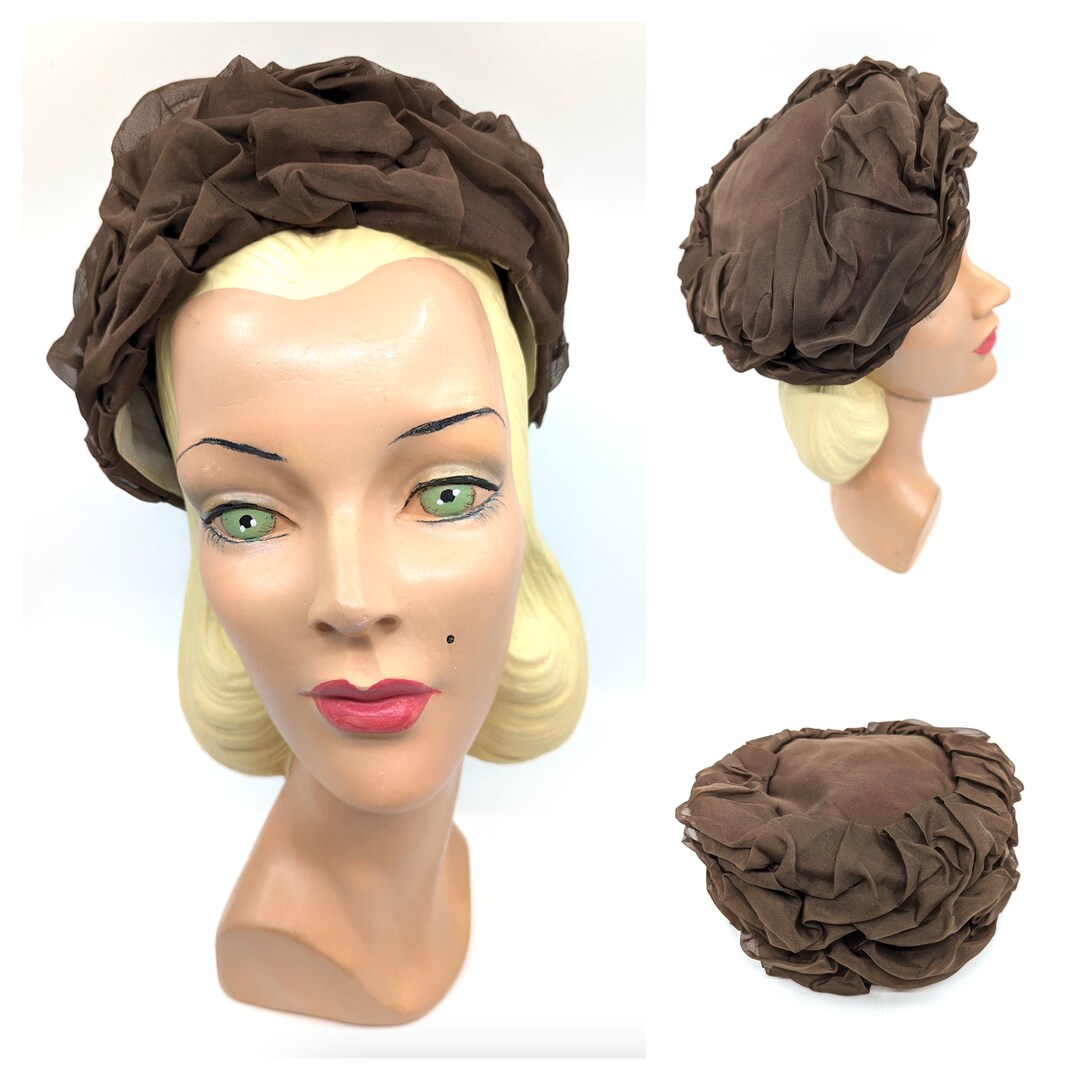 Vintage 50s 60s Hat 1950s Pill Box Hat 50s Brown Ruched Fabric Hat 60s ...