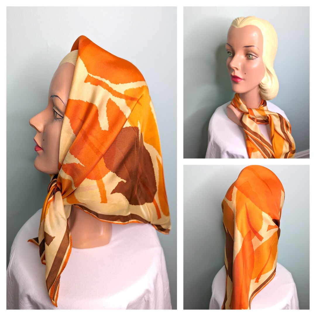 Vintage 60s 70s Satin Scarf 1960s Autumn/fall Leaf Print Scarf Autumn ...