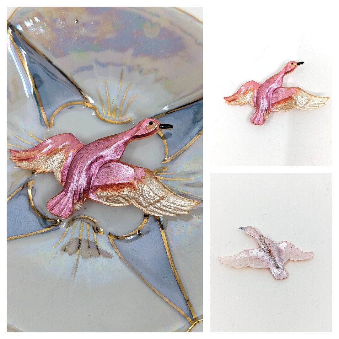 Vintage 40s 50s Brooch , 1950s Pink Flying Bird Brooch, Early Moonglow ...