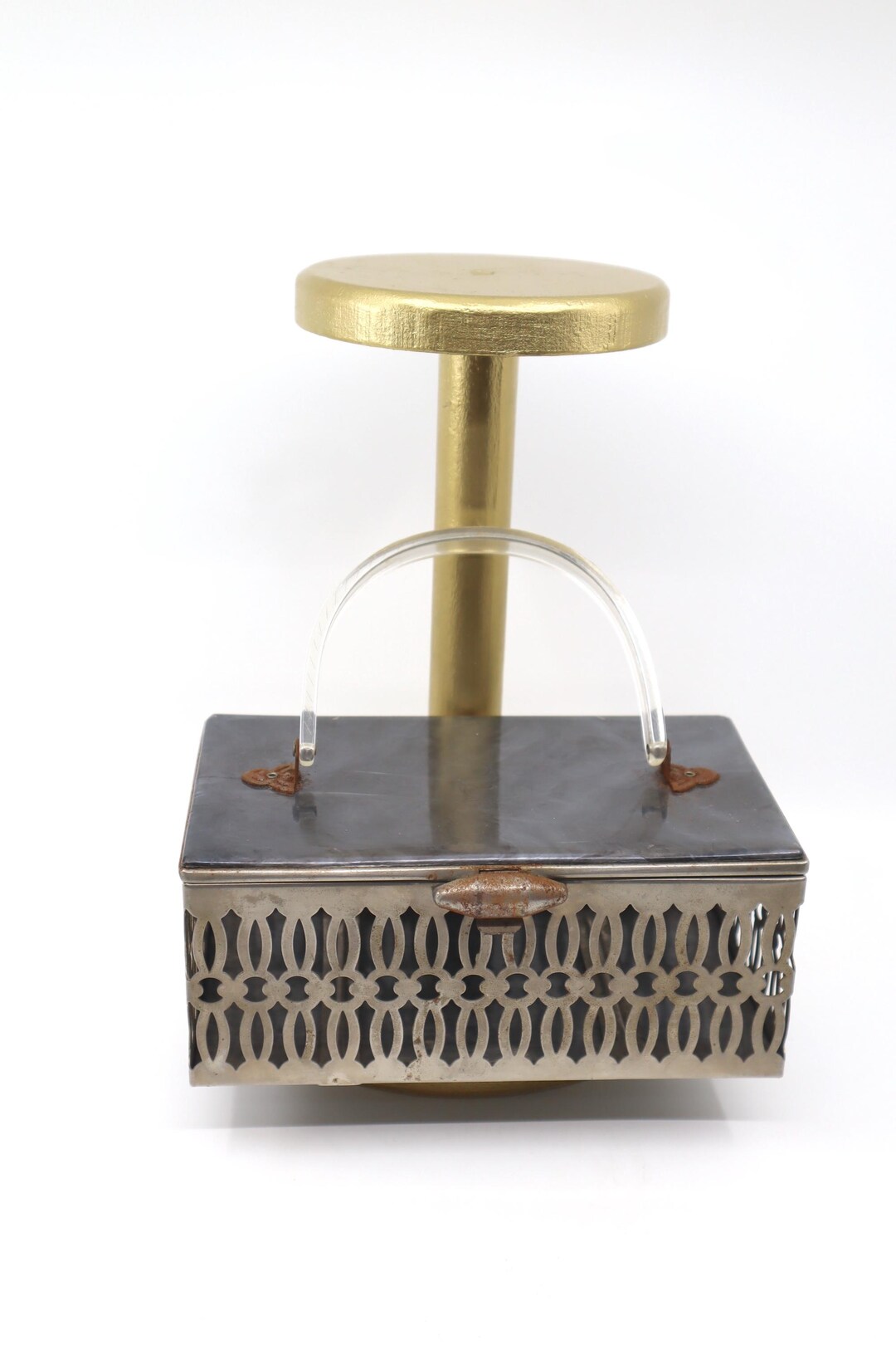 Vintage 1950s Lucite Box Bag: Grey Marble, Cutout Metal Lattice - Etsy