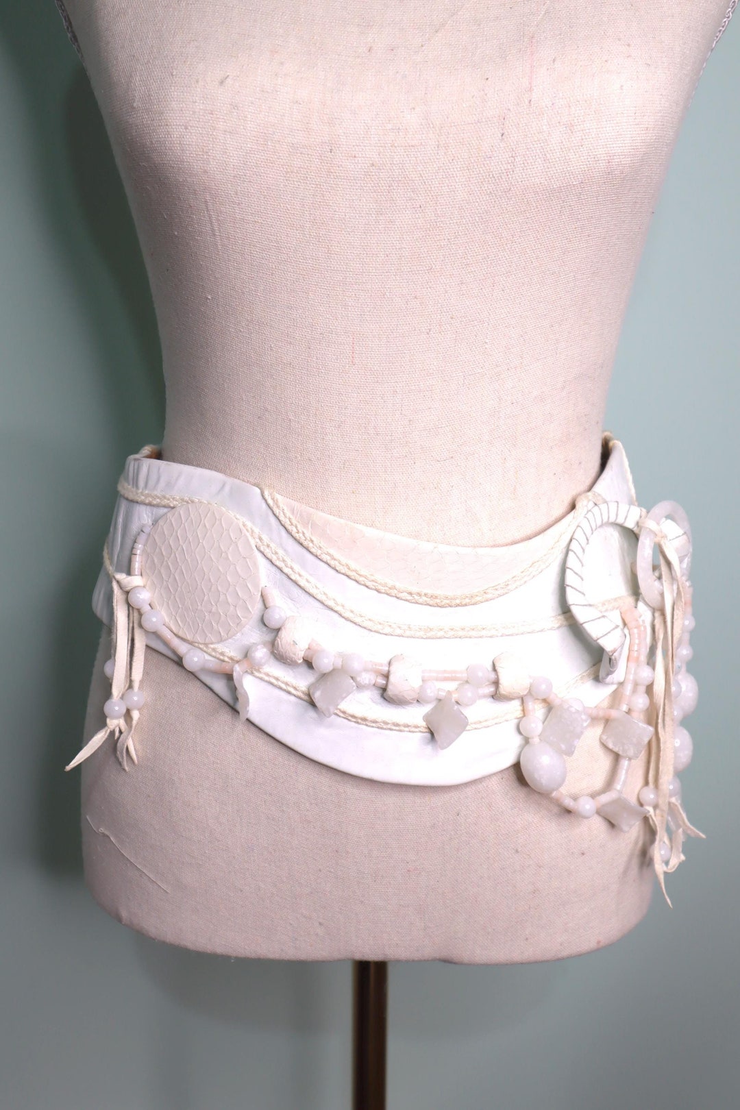 Vintage 1980s Designer Laise Adzer Leather Belt: White Bead Snakeskin ...