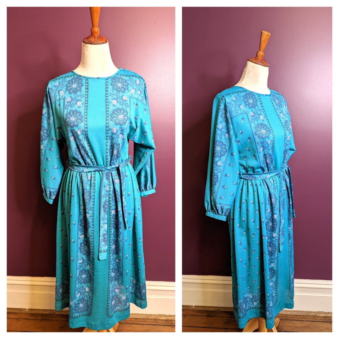 Vintage 1970s 1980s Blue Dress, 1980s Floral Dress, 1970s Summer Dress ...