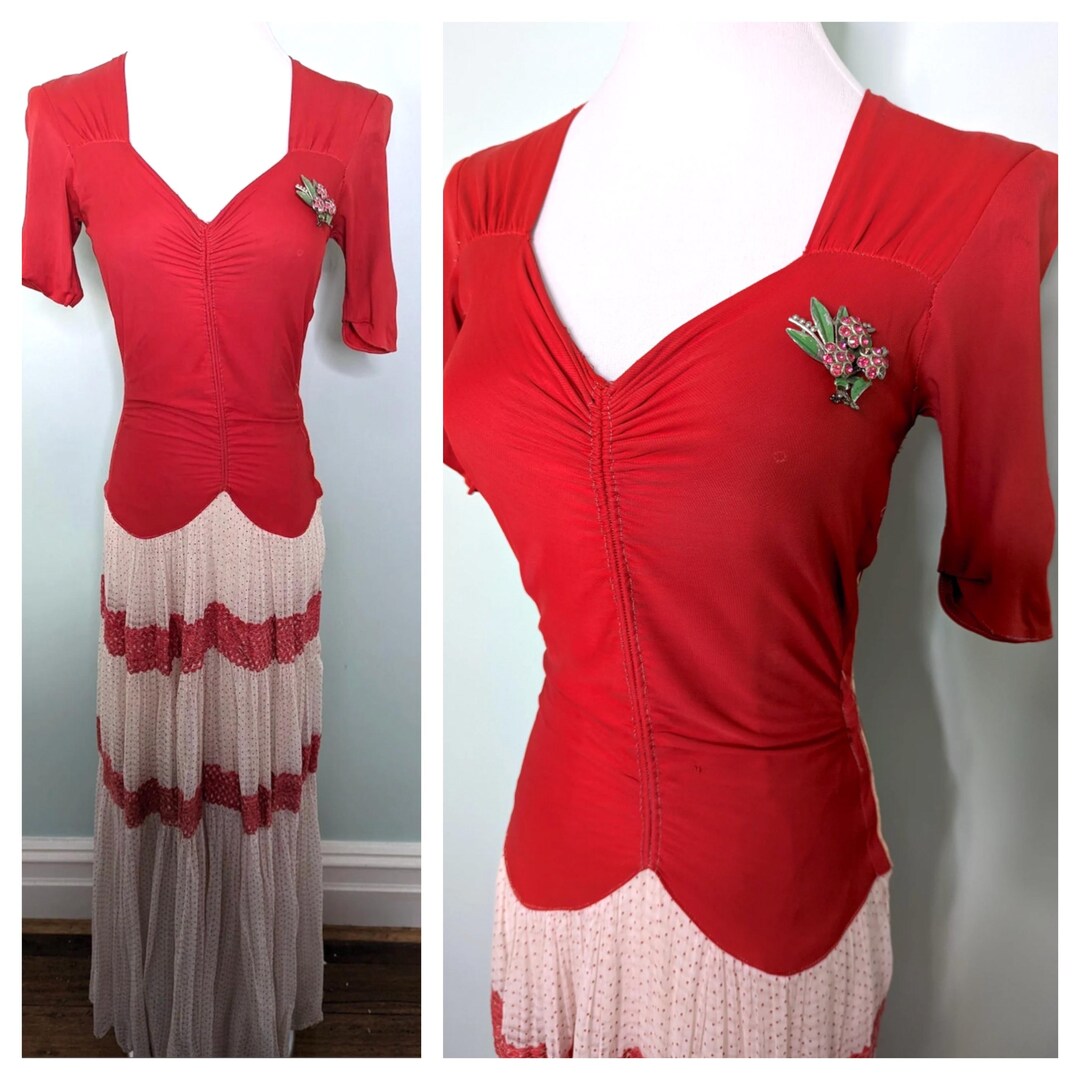 Vintage 1930s Red Voile Maxi Dress: Sweetheart Neckline, Valentines Day ...