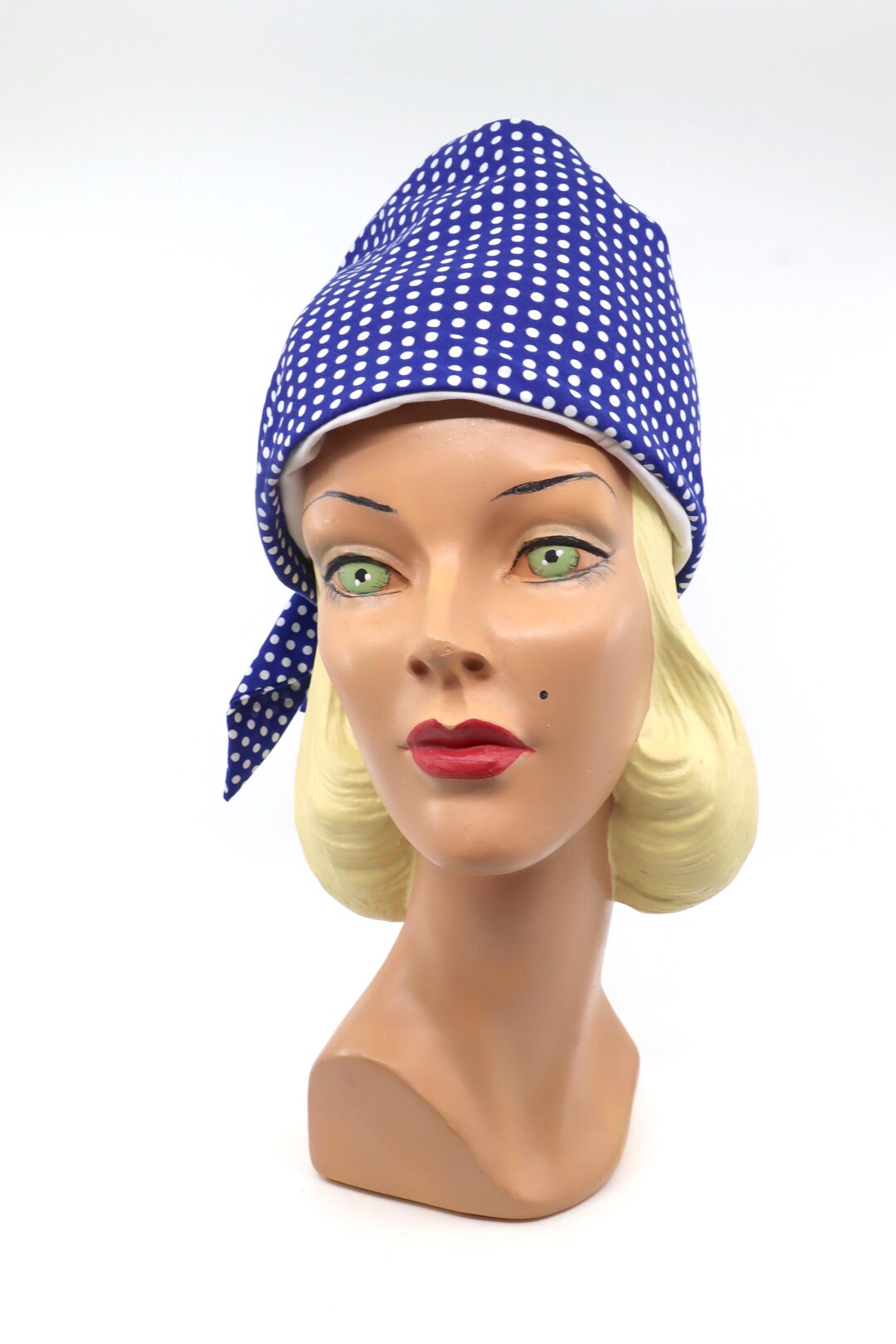 Vintage 1960s Blue Polka Dot Hat, 60s Fabric Turban, Headscarf Hat, 60s ...