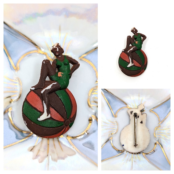Vintage 30s 40s Early Plastic Brooch Art Deco Lady Sitting on a Beach Ball Carved Celluloid Plastic Pin Etsy