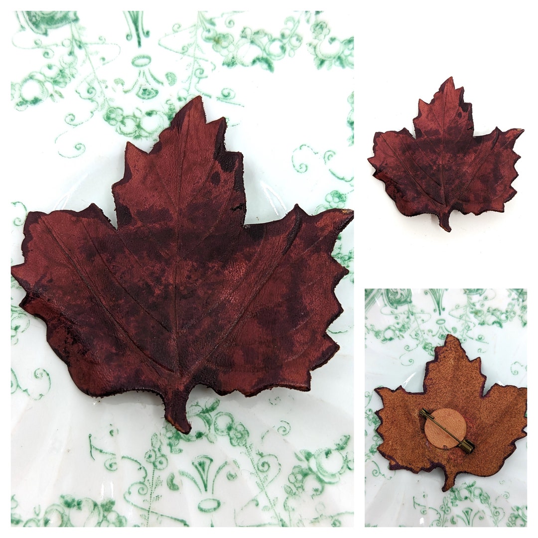 Vintage 80s Brooch Brown Leather Maple Leaf 1980s Brooch Hand Painted ...