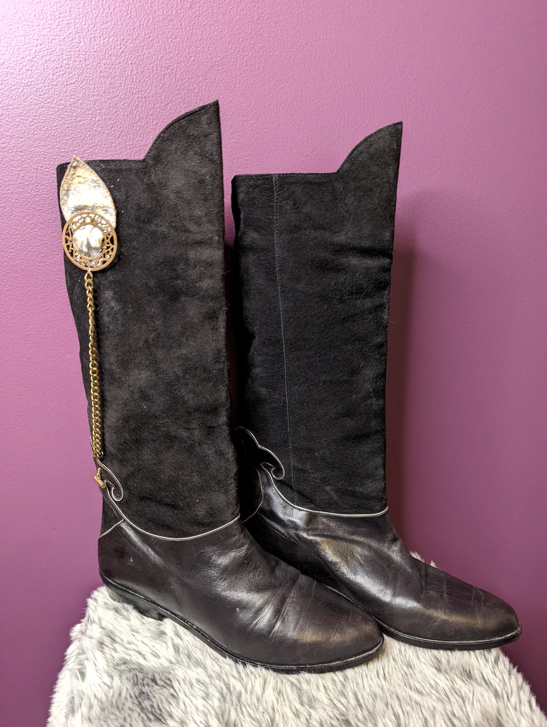 Vintage 1980s Black Suede Knee High Designer Boots: 'garconne' Paris ...